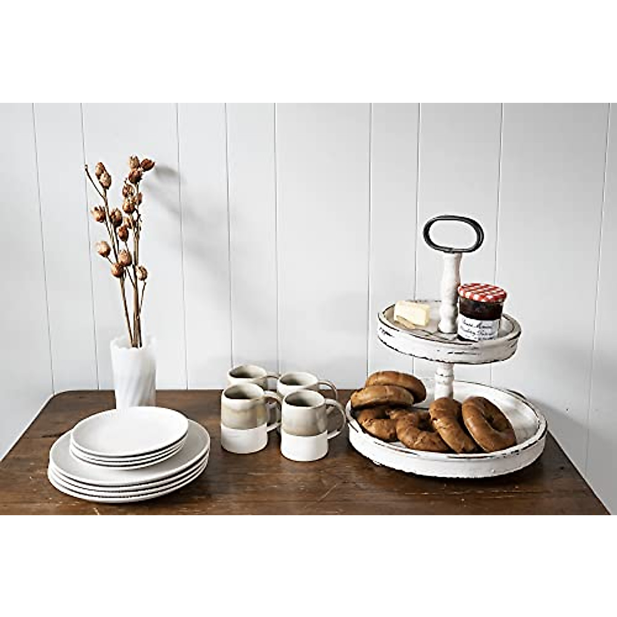 Creative Co-op EC0125 Distressed Wood 2-Tier Tray with Metal Handle, Cream