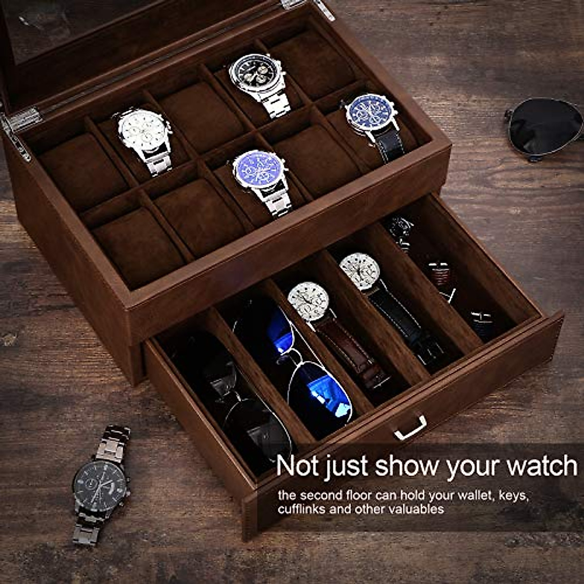 BEWISHOME Watch Box Luxury Watch Case -10 Slots Watch Organizer for Men with Drawer, Large Glass Top, Faux Leather,Brown SSH34Z