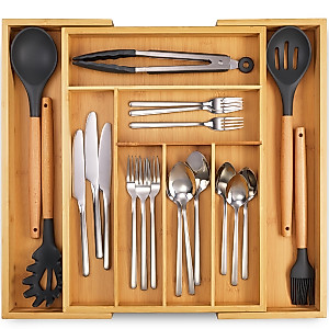 Bamboo Kitchen Drawer Organizer - Easily Adjust The Wooden Tray Width to Drawer Size, Deep Enough to Fit Entire Drawer and Accommodates Different Kitchen Utensil and Cutlery Sizes.