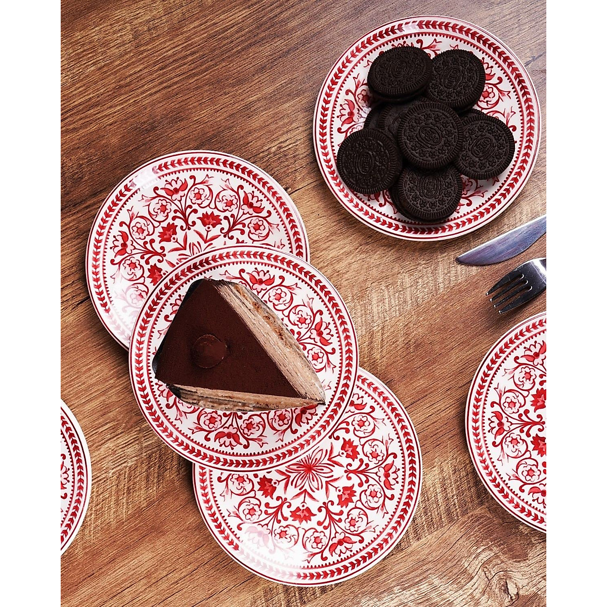 Sonemone 6 Inch Appetizer Plates Set of 6, Christmas Red Floral Ceramic Dessert Plates for Cake, Pie, Snacks, Ice Cream, Microwave & Dishwasher Safe
