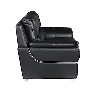 Blackjack Furniture Binion Modern Leather Loveseat for Living Room with Padded Headrests, Stainless Steel Legs & Accent Chrome Trim, Black
