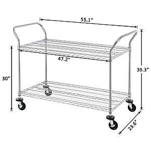 Finnhomy 2-Tier Commercial Grade Rolling Cart, Heavy Duty Utility Cart, Carts with Wheels and Handles, Kitchen Cart on Wheels, Metal Serving Cart with 700 lbs Capacity, Shelf Size 24" D x 48" W, NSF