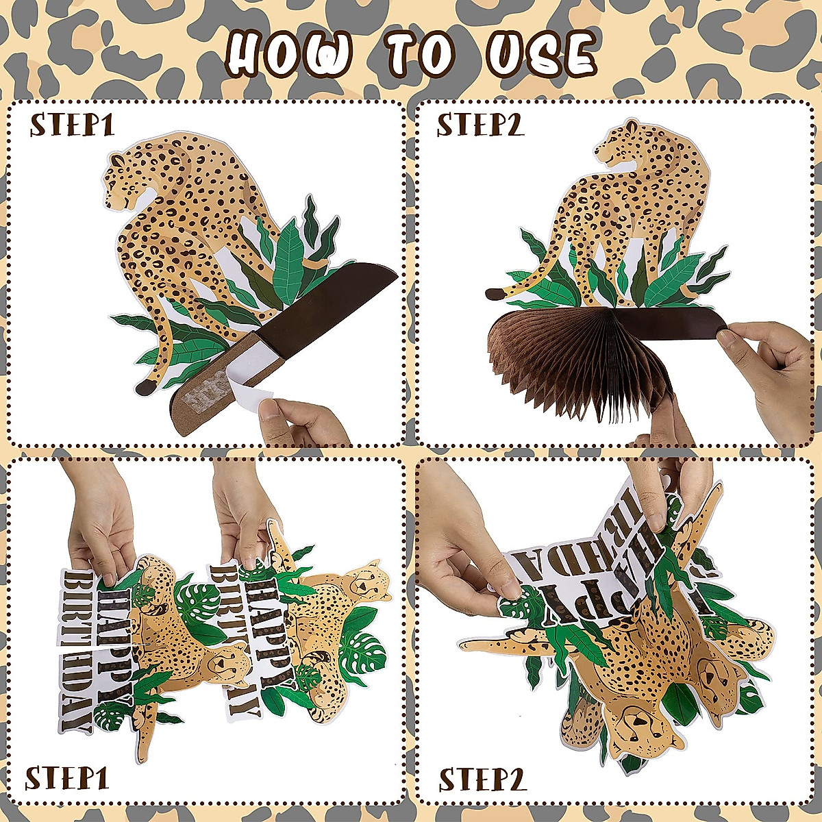 10 Pcs Leopard Birthday Decorations Leopard Table Centerpiece 3D Jungle Honeycomb Centerpieces Cheetah Birthday Decorations Cheetah Party Decorations for Jungle Happy Birthday Party Baby Shower