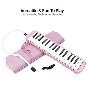 Flexzion Melodica 32 Key (Pink) Pianica Blow Piano Keyboard Harmonica Wind Instrument/w Portable Carrying Bag, 2 Long Tube Mouthpiece, 2 Trumpet Mouthpiece Kit