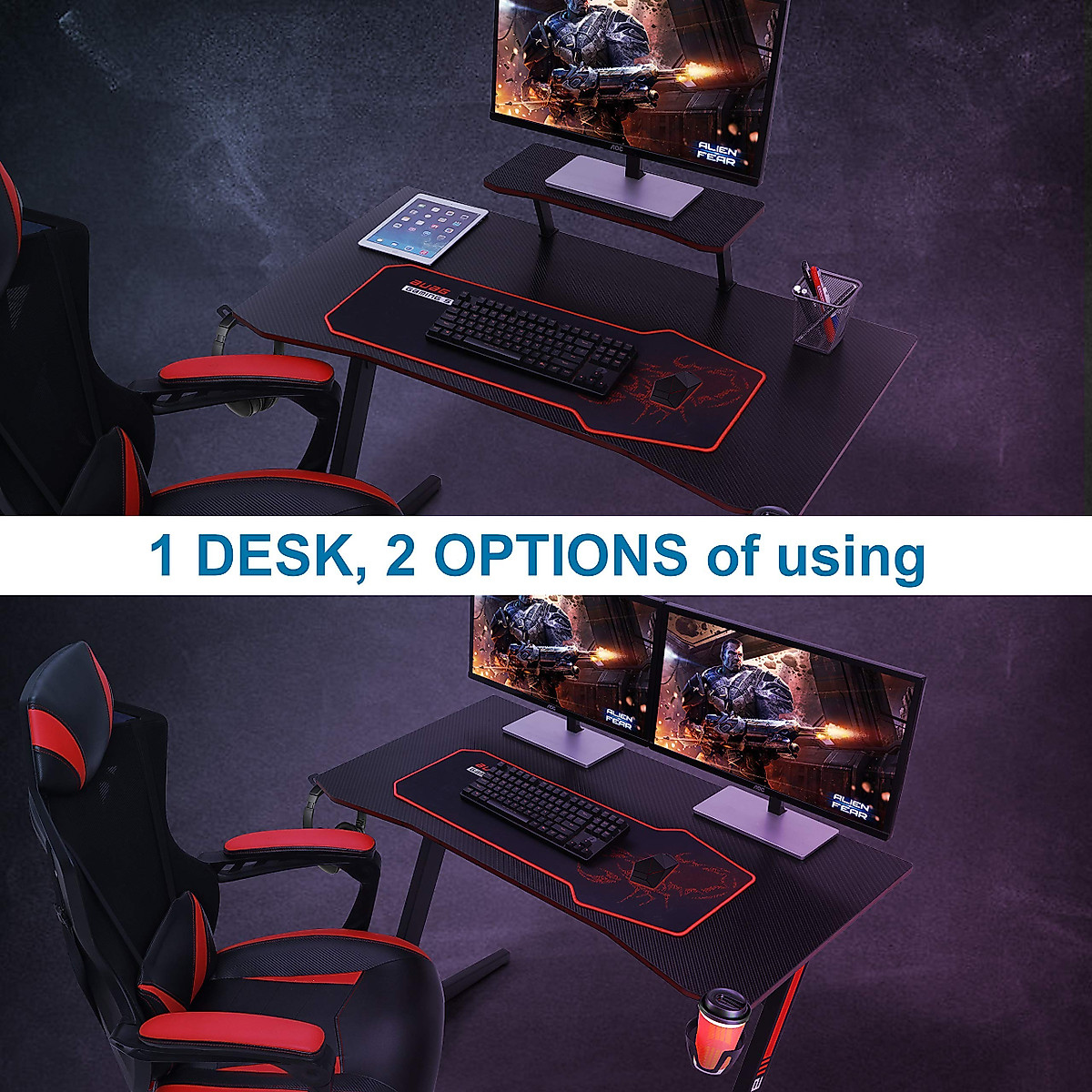 AuAg 44 inch Gaming Desk with Monitor Stand, Racing Style Home Computer Pc Table, Z-Shaped Gamer Game Work-Station with Cup Holder and Headphone Hook (44 inch)