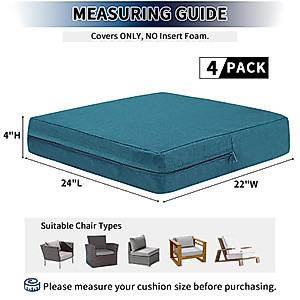 PureFit Waterproof Outdoor Cushion Covers Replacement for Patio Furniture Chair Seat Cushion Covers 24x22 inch for Outdoor Furniture Garden Backyard with Zipper, 4 Pack SLIPCOVERS ONLY, Teal