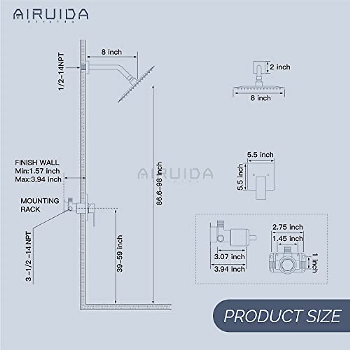 Airuida Shower Faucet Set Bathroom Rain Shower System SUS304 Stainless Steel Single Handle With Male Threads Rough-in Valve Shower Trim Kit 8 Inch Wall Mount Shower Head Matte Black