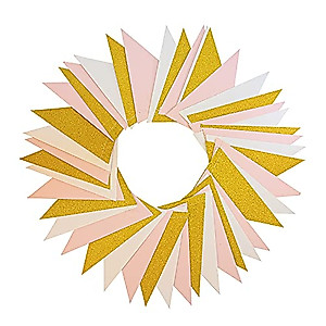 MerryNine Triangle Flag Bunting Banner, 3 Pack 30 Feet Vintage Style Pennant Banner for Wedding, Baby Shower, Event & Party Supplies 45pcs Flags (Triangle Flag - Pink White Gold Glitter)