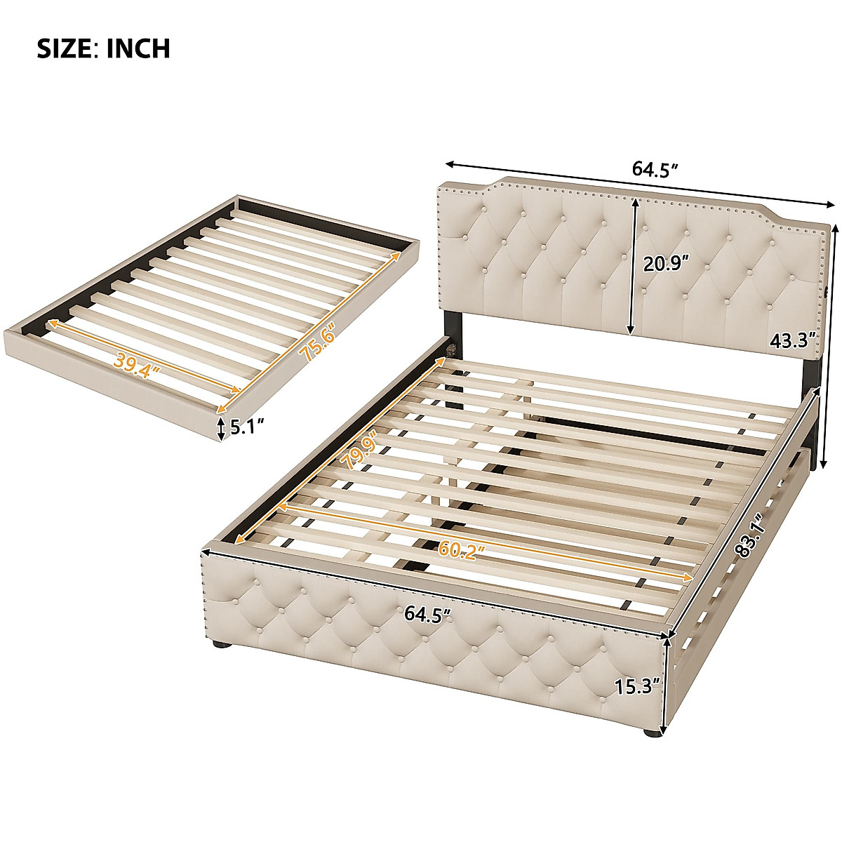 FANYHOME Queen Size Upholstered Platform Bed with Twin Size Trundle and 2 Sets of USB Ports on Each Side, Linen Fabric, Beige