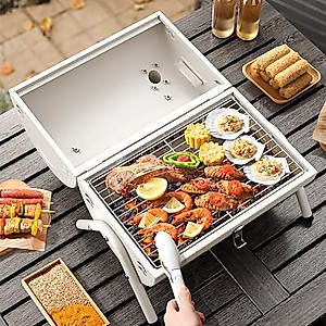 grilling and Frying 2-in-1 double-sided outdoor Charcoal grill ， portable bbq grill with lid ，camping grill，mini grill，table top charcoal grills (white no Frying pan)