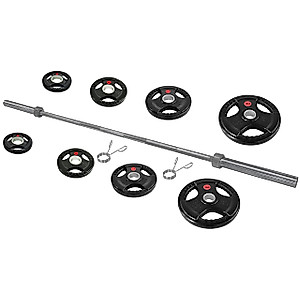 Signature Fitness Cast Iron Olympic 2-Inch Weight Plates Including 7FT Olympic Barbell, 130-Pound Set (85 Pounds Plates + 45 Pounds Barbell), Multiple Packages, Rubber Coated Style