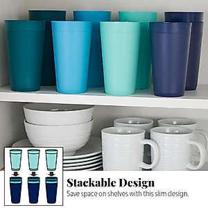 US Acrylic Newport 20 ounce Unbreakable Plastic Stackable Water Tumblers in 4 Coastal Colors | Set of 12 Drinking Cups | Reusable, BPA-free, Made in the USA, Top-rack Dishwasher and Microwave Safe