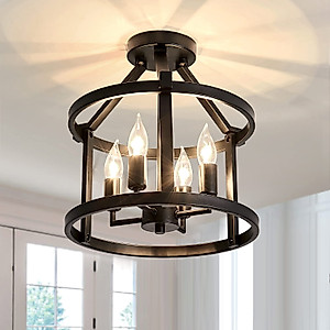 UOFUS Metal Semi Flush Mount Ceiling Light Fixture 4 Candle Holder Matte Chandelier Farmhouse Ceiling Lamp for Dining Room Bedroom Kitchen Hallway Entryway（Black）