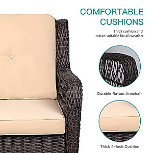 MEETWARM 3-Piece Patio Wicker Conversation Bistro Set Cushioned, Outdoor Swivel Rocking Chairs Rattan Furniture Sets with Thickened Cushion and Glass-Top Coffee Table (Beige)