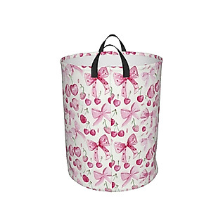 Delerain Pink Bows Cherries Laundry Basket, Waterproof Laundry Hamper with Handles, Collapsible Toy Bins Dirty Clothes Round Storage Basket for Home Bathroom Office Nursery, 19.6X15.7(M)