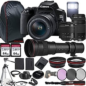 Canon EOS 250D (Rebel SL3) DSLR Camera w/18-55mm F/3.5-5.6 Zoom Lens + EF 75-300mm f/4-5.6 III Lens + 420-800mm f/8.3 HD Lens + 2X 64GB Memory + Case + Filters + Tripod + More (35pc Bundle)