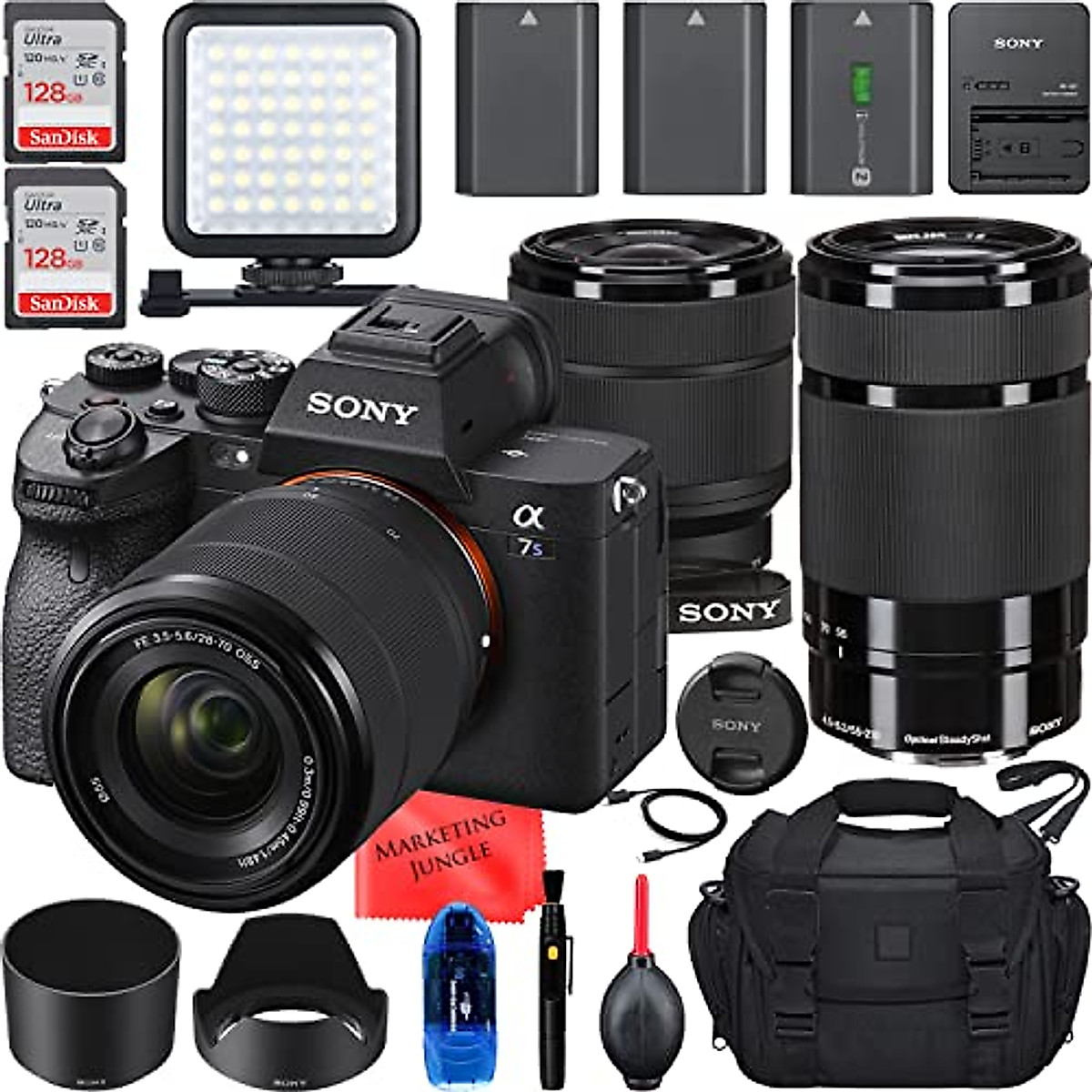 Sony a7S III Mirrorless Camera with FE 28-70mm, E 55-210mm Lens Bundle + Accessories (256Gb High Speed Memory, 3 Batteries, LED Light, Gadget Bag and More) ILCE7SM3/B