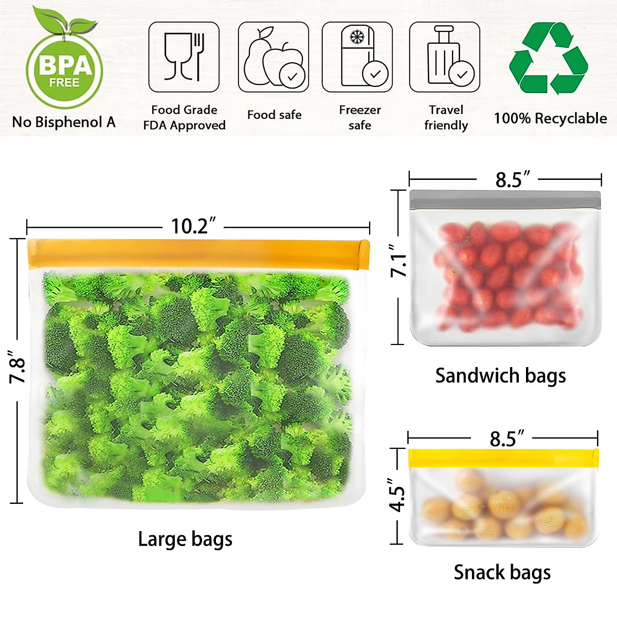 10PCS Reusable Silicone Food Storage Bags Freezer Bags for Sandwiches,2large bags silicone bags reusable storage,4 Reusable silicone bag Sandwich Bags,4Reusable silicone ziplock bags Snack Bags