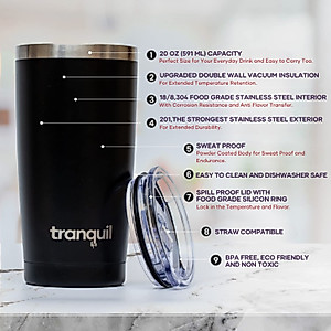 tranquil life Insulated Tumbler– 20oz, Stainless Steel Cups for Hot & Cold Drinks, Tumbler with Leakproof Lid, Reusable Cups for Coffee & Smoothie, Stainless Steel Tumbler for Travel, Jet Black