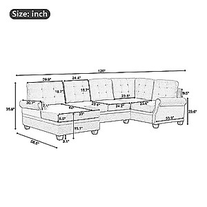 FULife Modern U-Shaped Sectional Sofa with Chaise Lounge,Comfy Modular Couch w/Nailhead Trim Armrest,Linen Fabric Upholstered 6-Seater Corner Sofá for Living Room Apartment Office, Beige 120" w