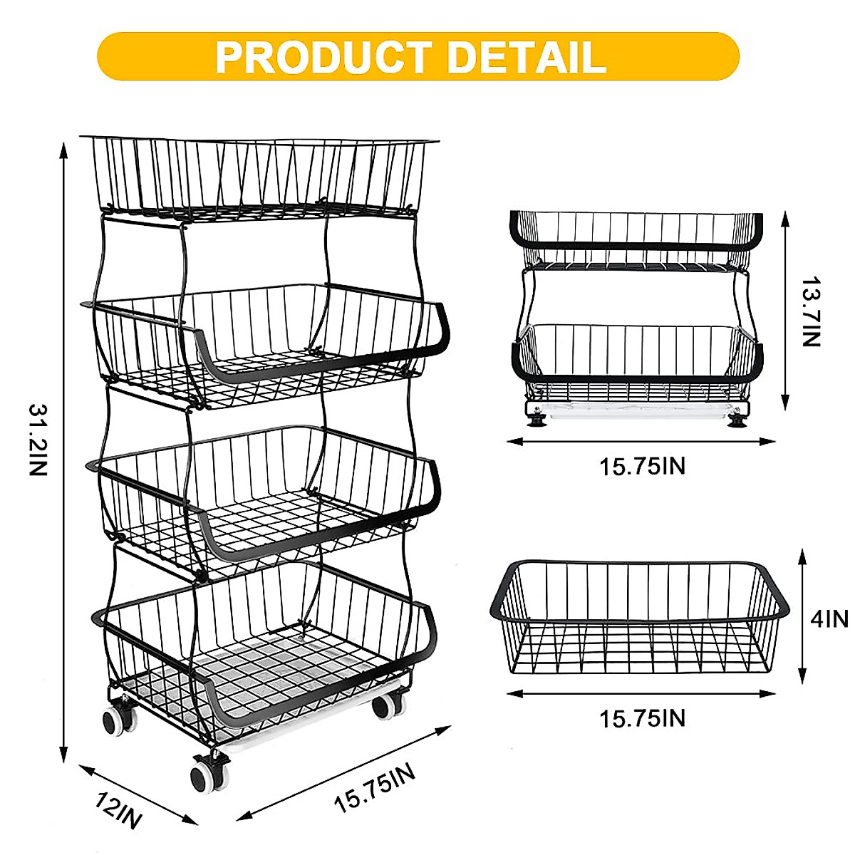 Fruit Vegetable Storage Basket, 4 Tier Stackable Metal Wire Storage Baskets with Wheels, Fruit Vegetable Produce Basket Organizer Bins for Kitchen, Pantry, Bathroom