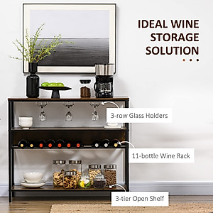 HOMCOM Industrial Wine Rack with 11-Bottles Holder, Free Standing Wine Shelf with Glass Holders for Home Bar, Kitchen, Rustic Brown