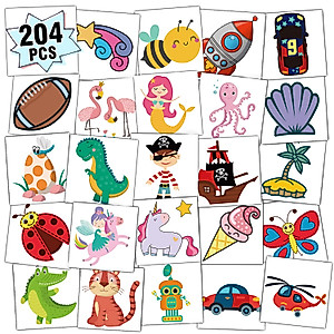 Partywind Kids Temporary Tattoos, 204 PCS Fake Tattoo Stickers for Kids Party Supplies Favors Decorations, Surprise Birthday Gifts Goodie Bag Stuffers (Individually Wrapped)