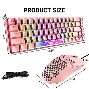 60% Ture Mechanical Gaming Keyboard and Mouse Combo Samll Mini RGB Chroma 68Key Keyboard, Detachable USB Type-C Cable，Lightweight 6400DPI Honeycomb Mouse Compatible with PS4,Xbox,PC,Laptop,MAC