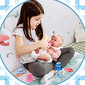 Jexine 4 Pieces Reborn Doll Accessories, Includes 2 Magnetic Pacifier and 2 Baby Doll Bottles Baby Alive Pacifier Feeding Bottle Gift for Baby Shower Birthday, Random Pattern, Pink and Blue (Cute)