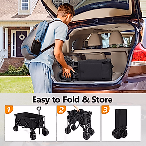 VINGLI Collapsible Wagons Carts, Heavy Duty Foldable Utility Garden Grocery Shopping Cart with Big All-Terrain Beach Wheels & Drink Holders with 220lbs Weight Capacity (Black)