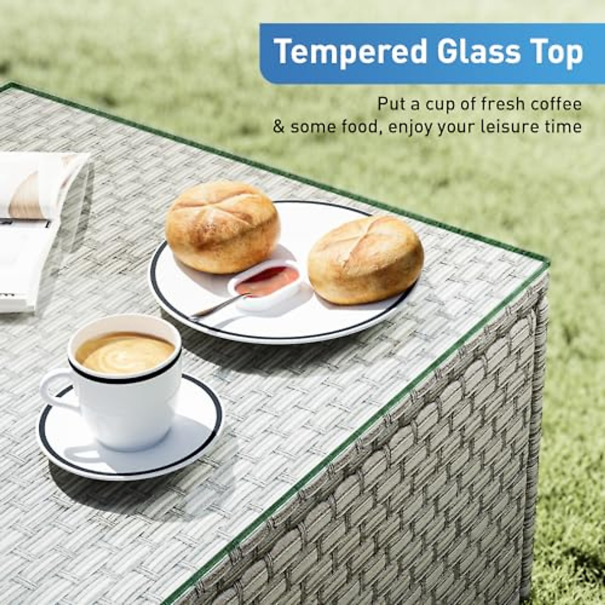 SUNBURY 5-Pieces Outdoor Furniture Set, All-Weather Wicker Patio Conversation Sets Sectional Sofa w 3 Pillows, Cushions, Coffee Table, Ottoman, Patio Furniture Set for Backyard Garden Pool (Grey)