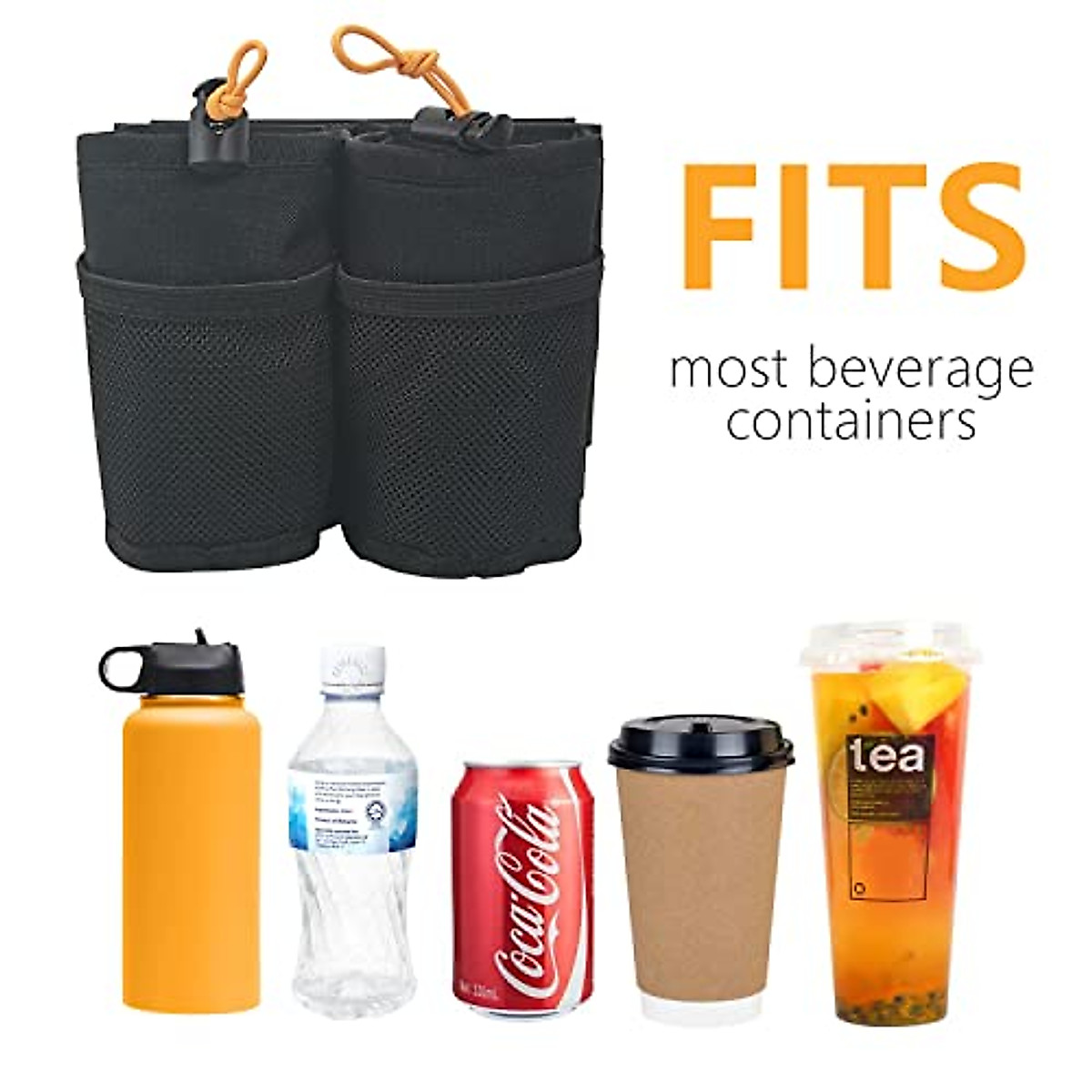 Luggage Travel Cup Holder Free Hand Drink Caddy Double Mesh Bag Design (Black)