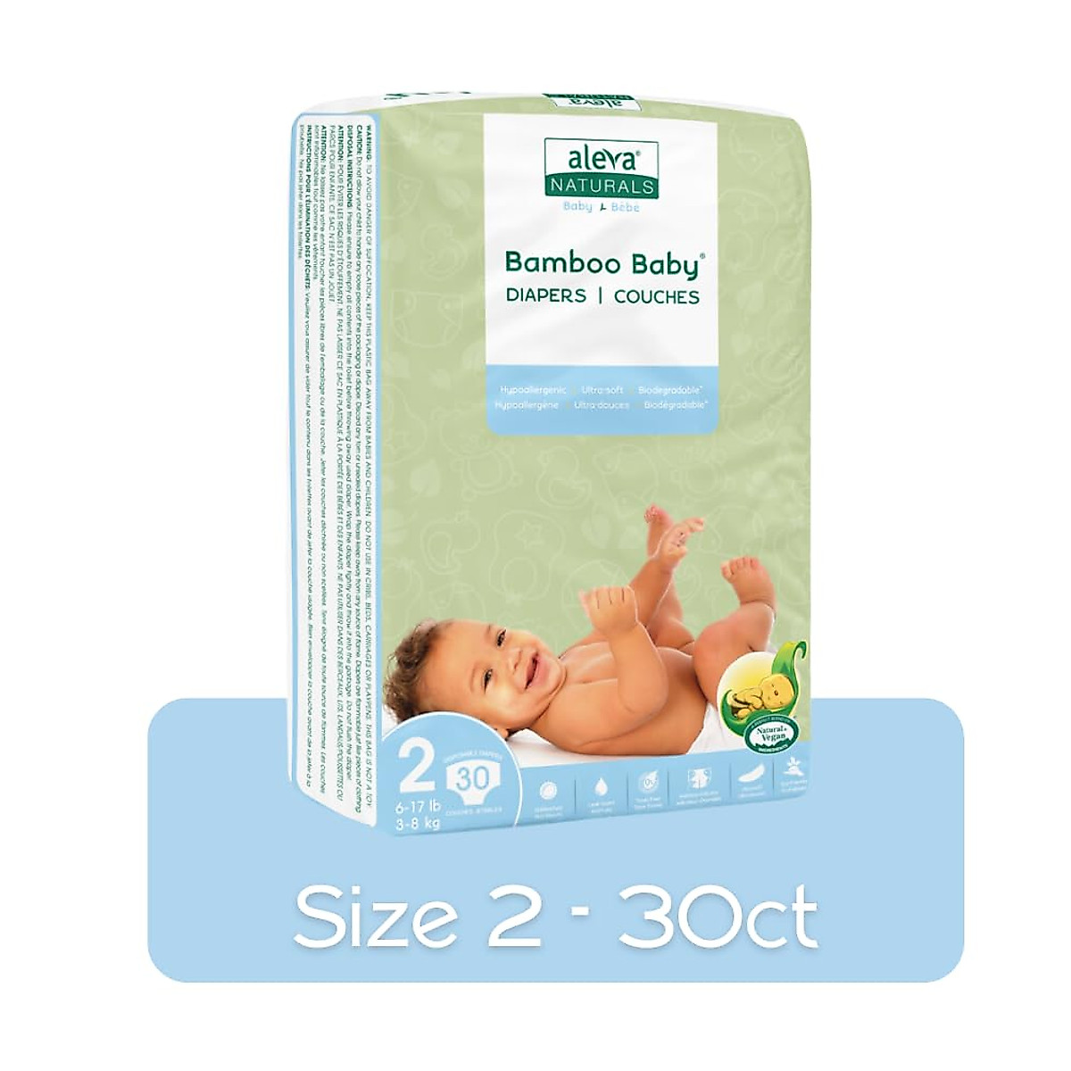 Aleva Naturals Hypoallergenic Bamboo Baby Diapers for Baby, Ultra Soft, Sensitive Skin Friendly, Biodegradable, Disposable– Size 2 (6-17 lbs/3-8 kg) | 30ct,37845