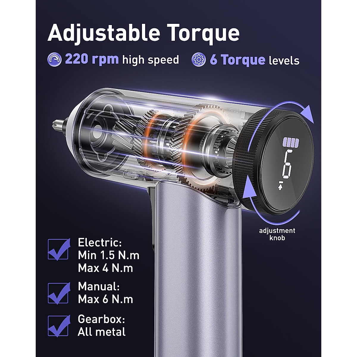 Electric Cordless Screwdriver with LED Display, 6 Torque Small Power Screwdriver, 30 Magnetic Bits, LED Light, 2200mAh USB Rechargeable Lithium-ion Battery for Home, Office, Apartment Repair - Purple