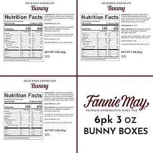Fannie May, 6 Count Solid Assorted Dark Chocolate, Milk Chocolate and White Confection Bunnies, Easter Basket Stuffers, 3 oz Each