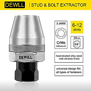 DEWILL Broken Bolt Remover, Stud Extractor Tool to Locks and Removes 1/4-Inch to 1/2-Inch Rounded Studs, Hexagonal Flat - Suitable for Rust, Painted, Damaged Waste Bolts