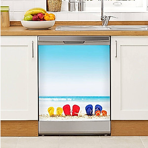 Dishwasher Magnet Cover Family Vacation time Four Pairs of Flipflops on Summer Beach Magnetic Refrigerator Stickers Decorative Appliance Cover Fridge Panels Metal Door Garage 23"Wx26"H