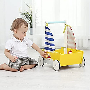 Yellow Blue Aircraft Wooden Baby Push Walker - 2-in-1 Toddler Push & Pull Toys Learning Walker Stroller Walker with Wheels for Baby Girls Boys 1-3 Years Old