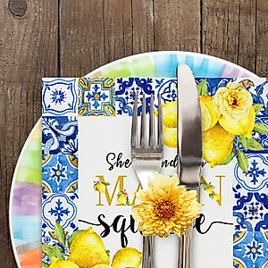 AnyDesign 80 Pack Lemon Luncheon Napkins Disposable She Found Her Main Squeeze Paper Decorative Napkins Blue Tiles Print Dessert Dinner Hand Napkin for Buffet Party Supplies Decoration, 6.5 x 6.5 In