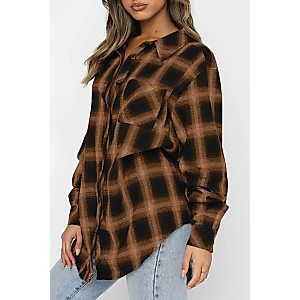 CHYRII Womens Button Down Flannel Shirts Long Sleeve Plaid Shacket Business Casual Tops Brown XL