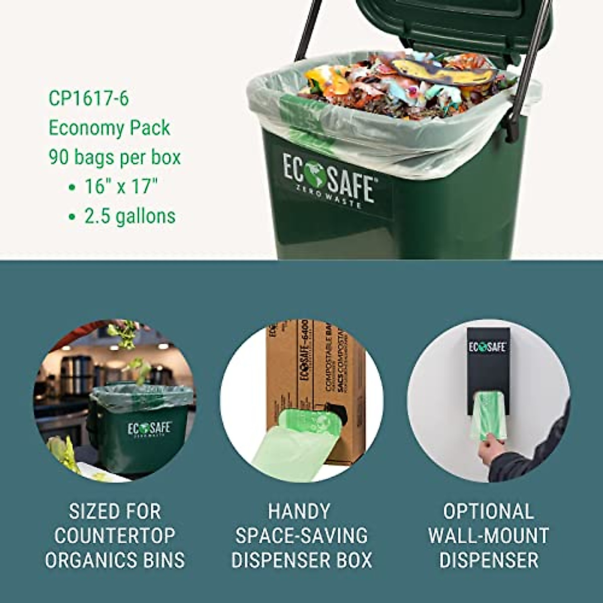 EcoSafe-6400 CP1617-6 Certified Compostable Bag - 16x17” Green Bags for 2.5 Gallon Bin - Extra Strong Leak, Puncture and Tear Resistant Food Scraps Bin Liners, Pack of 90