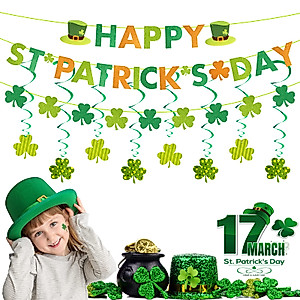 St.Patricks Day Decorations,1 Felt Shamrock Clover Garland+ 1 Happy St.Patricks Day Banner+8Pcs Hanging Swirls,St. Patrick 's Day Banner Decor perfect for Irish party supplies- Green and Light Green Color