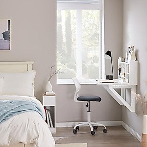 Haotian Wall Mounted Folding Table Drop-Leaf Floating Desk Trestle Desk Computer Table Writing Workstation with Storage Compartments, White, FWT07-II-W