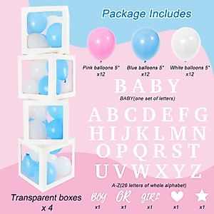 RUBFAC Baby Boxes with 41 Letters and 36 Balloons, 4pcs Clear Balloon Boxes for Baby Shower Gender Reveal Girl Boy Blocks Birthday Party Decorations