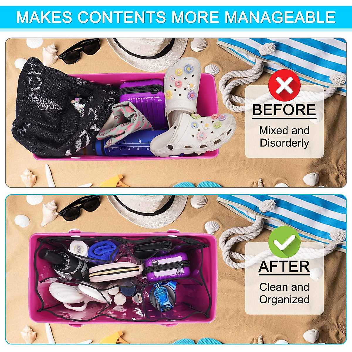 Fayayuan Clear Beach Bag Organizer Compatible with Original Bogg Bag X Large Size, Insert Divider Pouch Zipper for Bags Accessories,7 Pockets, Transparent & Black