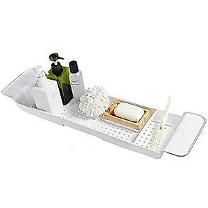 Bathtub Tray Caddy Plastic Shower Organizer Trays with Extending Sides Bath Kitchen Shelf, Fits Most Tubs 31" x 6.7" (White)