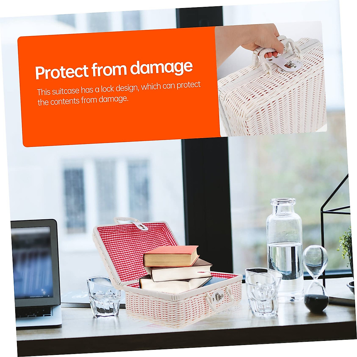 COLLBATH Rattan Suitcase Woven Baskets 1pc Seagrass Storage Baskets Wicker Storage Box Retro Handwoven Box Cosmetic Travel Plastic White Woven Box Bread Container Wicker Basket with Lid