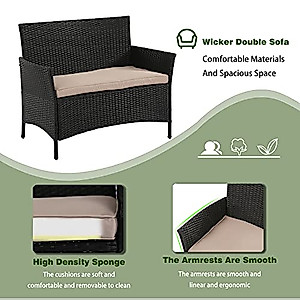 4 Pieces Patio Furniture Set Rattan Outside Furniture Wicker Sofa Garden Conversation Sets with Soft Cushion and Glass Table for Yard Pool or Backyard,Black