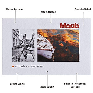 Moab Entrada Rag Bright 190, 100% Cotton Fine Art Archival Inkjet Paper, 2-Sided, Smooth (Hotpress) Bright White Matte, Medium Weight 190gsm, 4 x 6 Inches, 50 Sheets