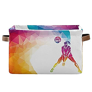 AUUXVA Abstract Sport Women Volleyball Storage Bins Basket, Collapsible Storage Cube Rectangle Storage Box with Handles for Shelf Closet Nursery Bedroom Home Office 1 Pack